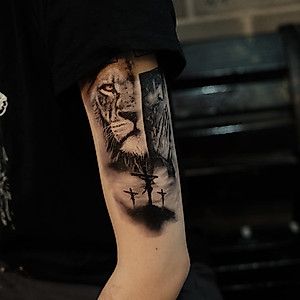 Oottati 2 Sheets Realistic Animal Temporary Tattoos Stickers Forest Lion Jesus Cross Old School Designs For Men Waterproof Arm Leg Fake Body Art, Gym & Parties Bold Masculine Decals