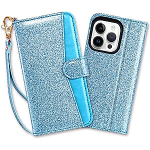 Coolwee Wallet Case Compatible iPhone 13 Pro Max Flip Folio Cover with Card Slots Kickstand Design Wrist Strap Girls Women Glitter PU Leather Compatible with Apple iPhone 13 Pro Max Blue Glitter