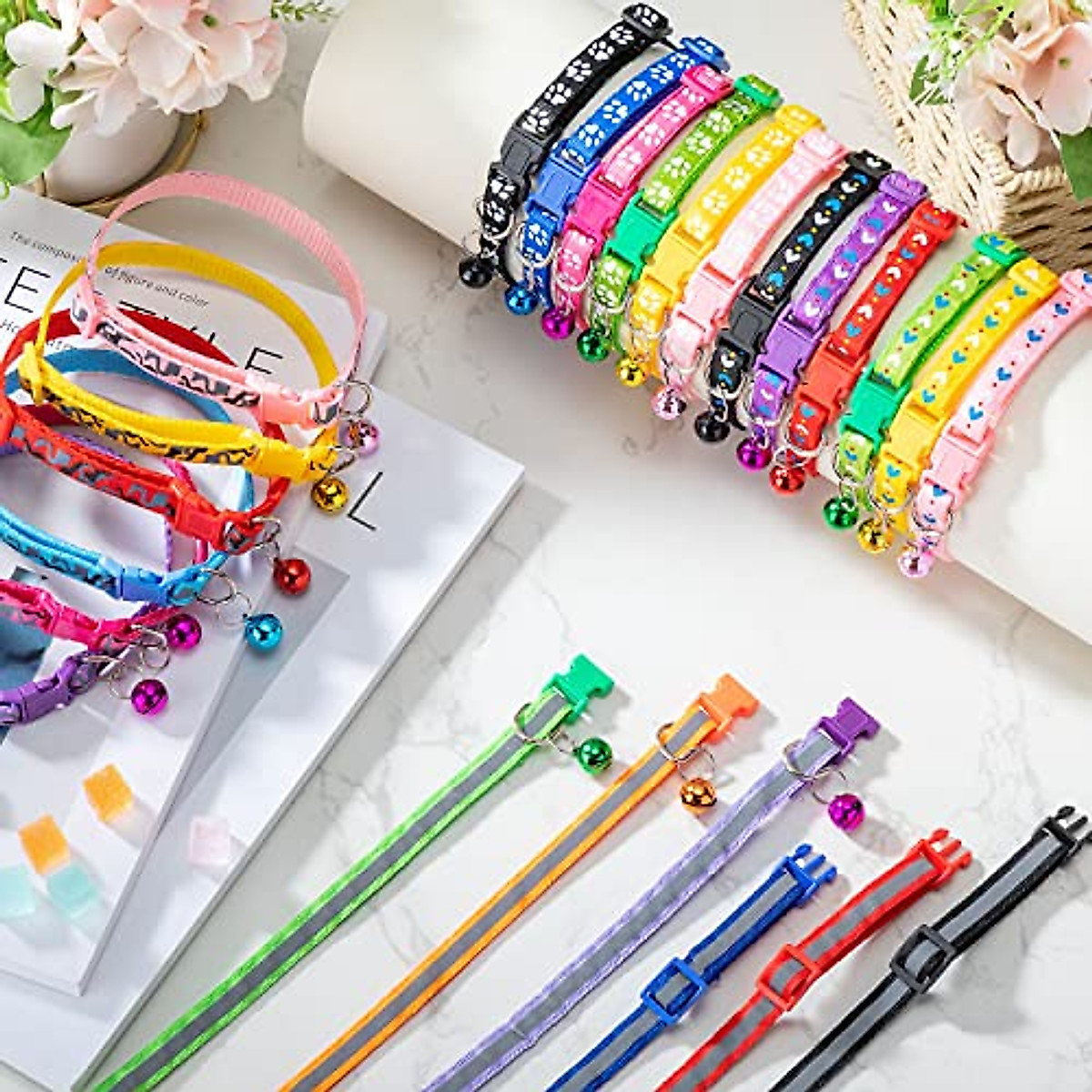 24 Pcs Puppy Collars for Litter Cat Collar with Bells Soft Nylon Whelping Puppy Collars Adjustable Reflective Cat Collar for Newborn Pets Dogs, Assorted Colors (Lovely Style)
