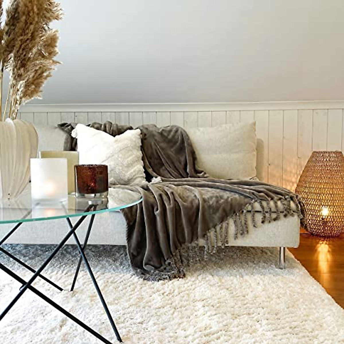 ODDS & ENDS HOME Warm & Supercozy Throw Blanket for Sofa - Large Silky - 60 X 90 Thick Flannel Fleece Boho | Grey Blankets & Throws for Sofa/Bed | Decorative Tassel Blanket All Season