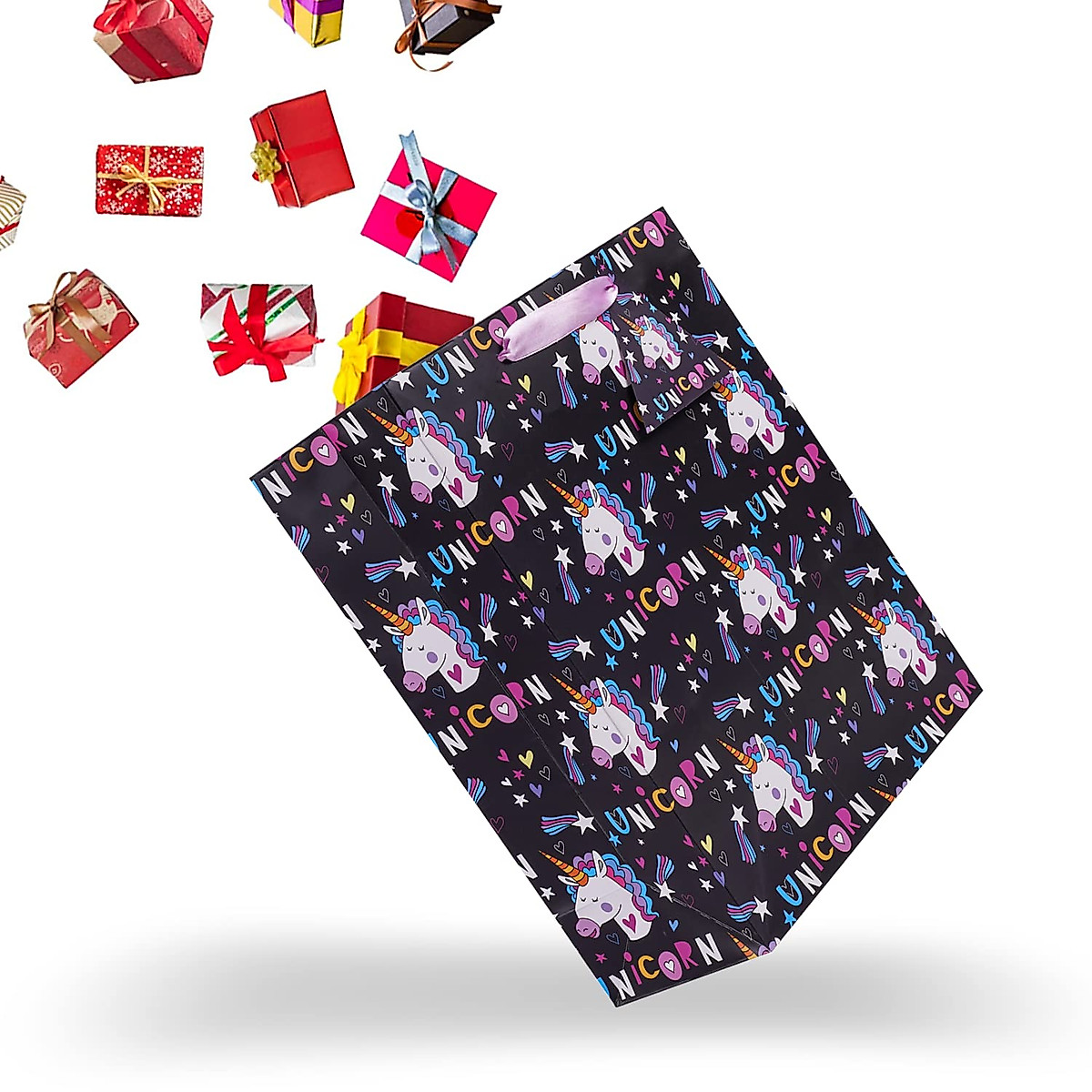 JWSCYSY 12.6" Large Gift Bag with Card and Tissue Paper - Black Pink Unicorn Gift Bag for Girls Birthday.