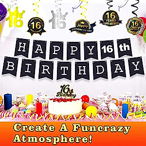 wongmode 16th Birthday Decorations Set - Happy Birthday Theme Swirls Streamers Garland Banner and Cake Topper Cheers to 16 Years Old Party Supplies