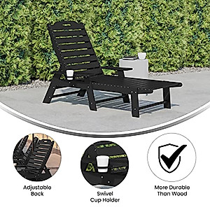 Flash Furniture Monterey Adjustable Adirondack Lounger with Cup Holder- All-Weather Indoor/Outdoor HDPE Lounge Chair, Black