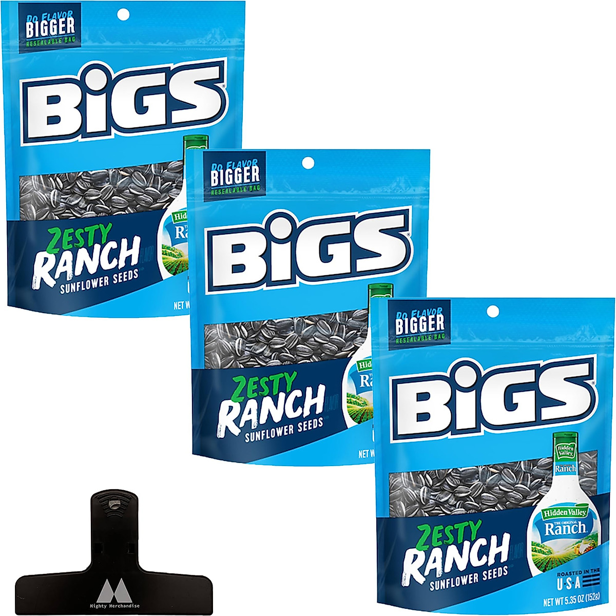 BIGS Flavored Ranch Flavored Sunflower Seeds - 5.35 oz Bags (Pack of 3) - With Mighty Merchandise Bag Clip