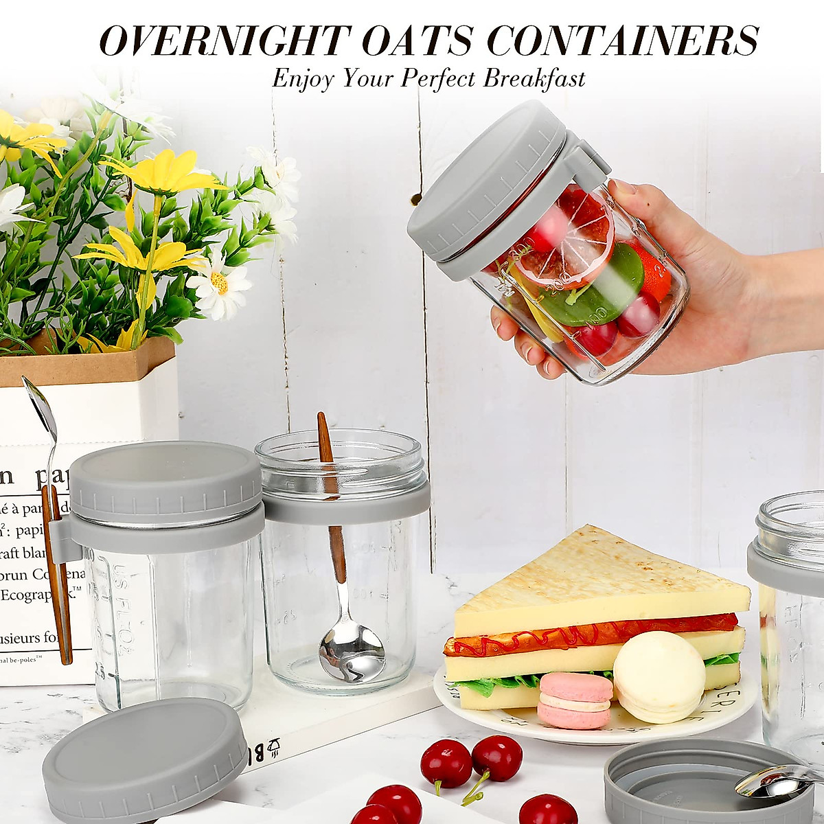 Sieral Set of 4 Overnight Oats Jars with Lid and Spoon Containers 10 oz Airtight Measurement Marks Large Capacity Reusable Oatmeal Container Salad Cup for Cereal Yogurt Milk Vegetables