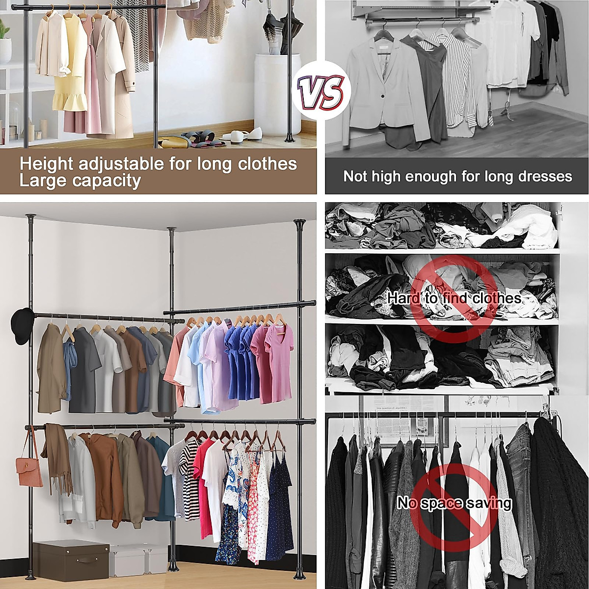 Closet Organizer Clothes Rack, Heavy Duty 4-Tier Adjustable Free Standing Laundry Drying Garment Rack, Floor to Ceiling Clothing Hanger Tension Rod Closet System Wardrobe Storage Matt Black