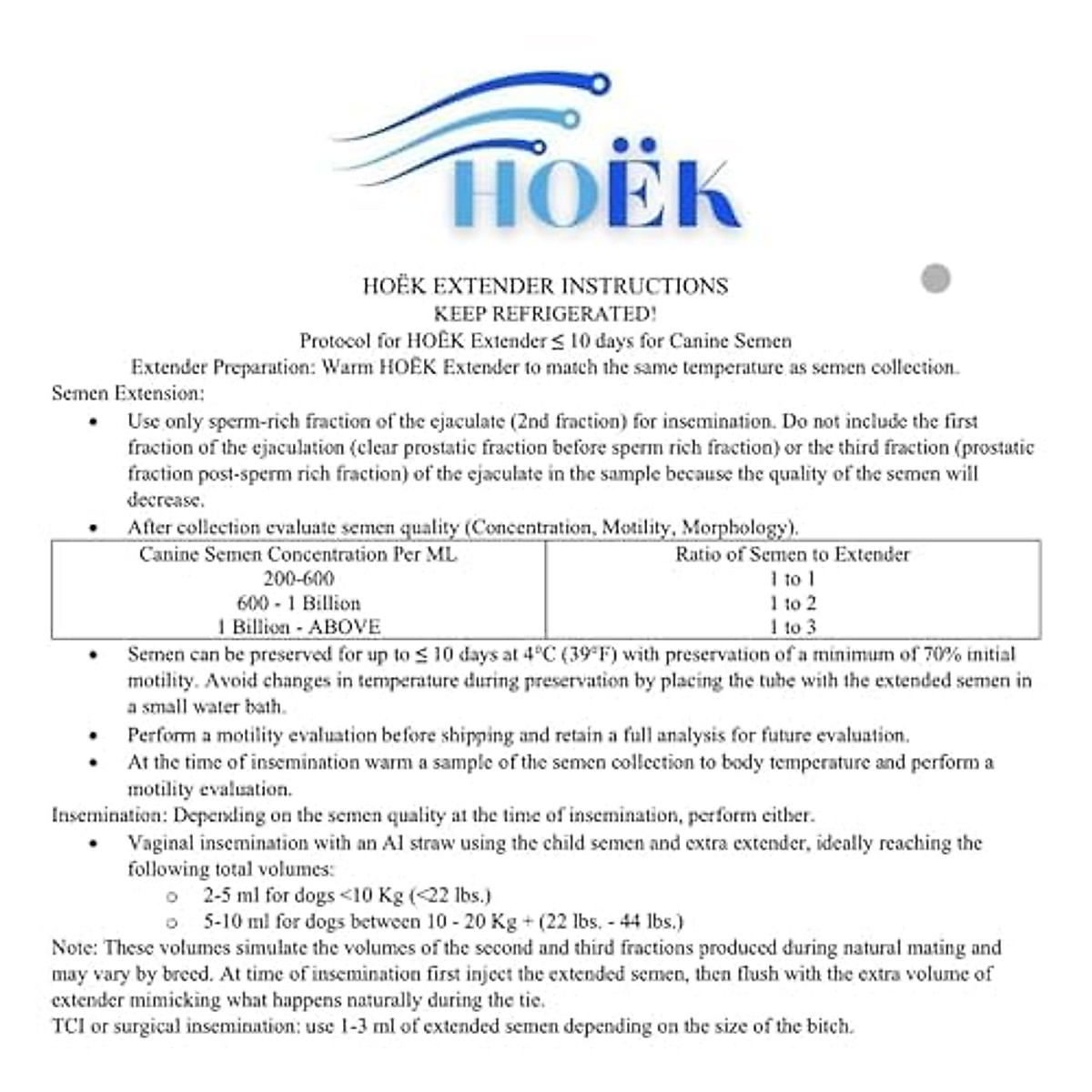 Canīnus-EXT™ Chilled RTU Extender 10X – Long Term Canine Semen 20ML - Dairy & Animal Protein-Free, Protects Dog Sperm During Shipping or Storage, No Mixing Required - Hoëk Labs