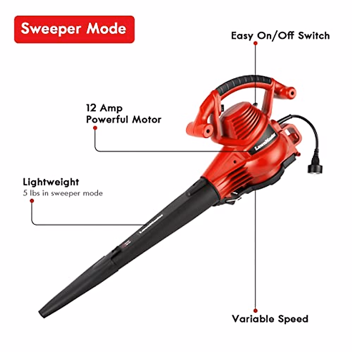 LawnMaster Red Edition BV1210E 1201 Electric Blower Vacuum Mulcher 12 Amp Variable Speed with Metal Impeller 240 MPH 380 CFM 16:1 Mulch Ratio