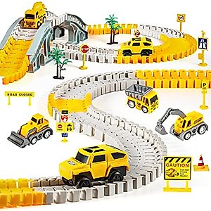 Kizplays 260 PCS Construction Race Tracks for Kids Toys, 2 Electric Cars, 4 Construction Cars, 1 Map & Flexible DIY Track Set, Engineering Gifts for 3 4 5 6 Year Old Boys Girls
