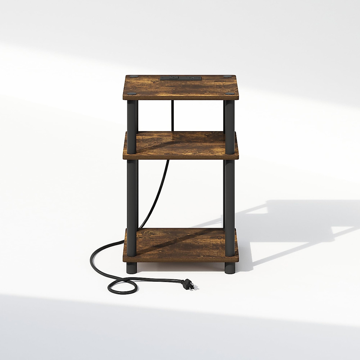 Furinno Just 3-Tier Turn-N-Tube Open Storage Nighstand, Bedside Table with USB and Type-C Charging Station, Amber Pine/Black