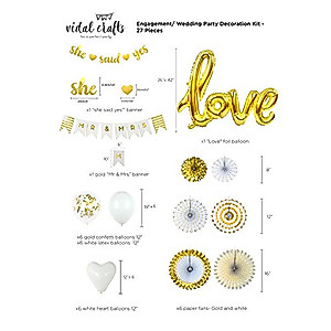 VIDAL CRAFTS Gold Engagement Party Decorations, 6 Pcs Paper Fans, MR&MRS Banner, Love Foil Balloon, Engagement Balloons, She Said Yes Banner, Gold Themed Engagement Party Kit or any kind of engagement party decor
