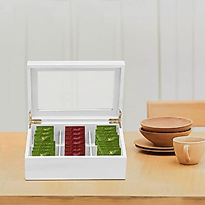 Wooden Tea Box Organizer, Mordern White Tea Organizer with Clear Lid, Tea Bag Holder for Cabinet, Tea Caddy Chest Large Capacity Tea Storage Containers Suitable for Tea, Coffee and Sugar Bags