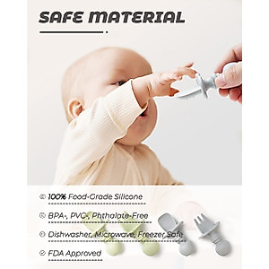 4 Pcs Baby Spoons Self Feeding 6 Months, Silicone Baby Spoons First Stage and Baby Fork, Toddler Utensils for Baby Led Weaning with 2 Cases (Green, Grey)