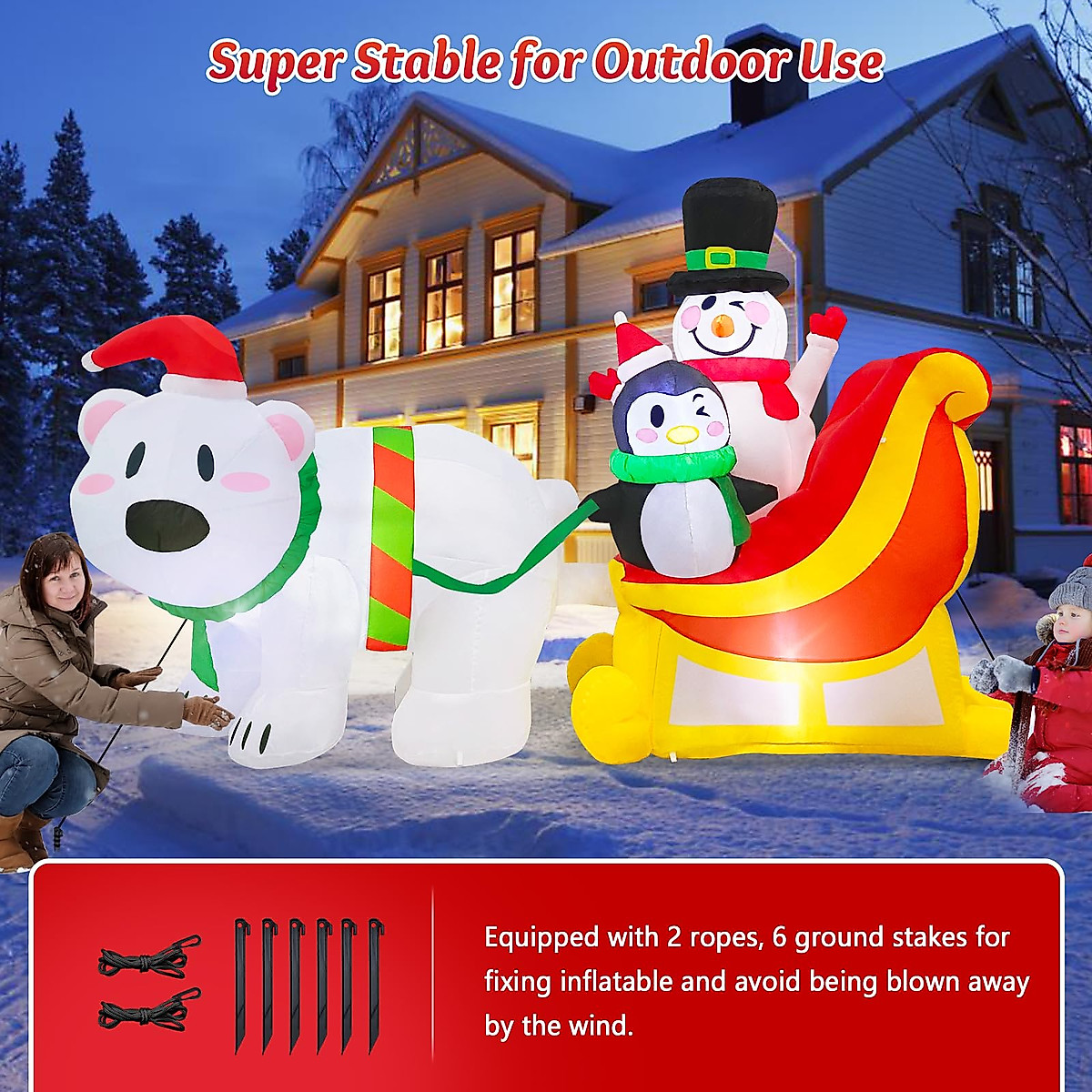 MICOCAH 7 FT Long Christmas Inflatables Snowman & Penguin on Sleigh with Polar Bear Inflatable Outdoor Christmas Decorations, Built-in LED Light Blow Ups for Yard Xmas Party Holiday Indoor Lawn Garden