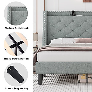 Feonase Upholstered Queen Bed Frame with Wingback Headboard, Deluxe Platform Bed Frame with Diamond Tufting & Storage Shelf, Wood Slats, Noise-Free, No Box Spring Needed, Easy Assembly, Light Gray