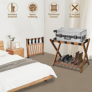 GUANBOM Luggage Rack，Folding Suitcase Stand with Storage Shelf，Luggage Stand for Guest Room Bedroom and Hotel (Brown)