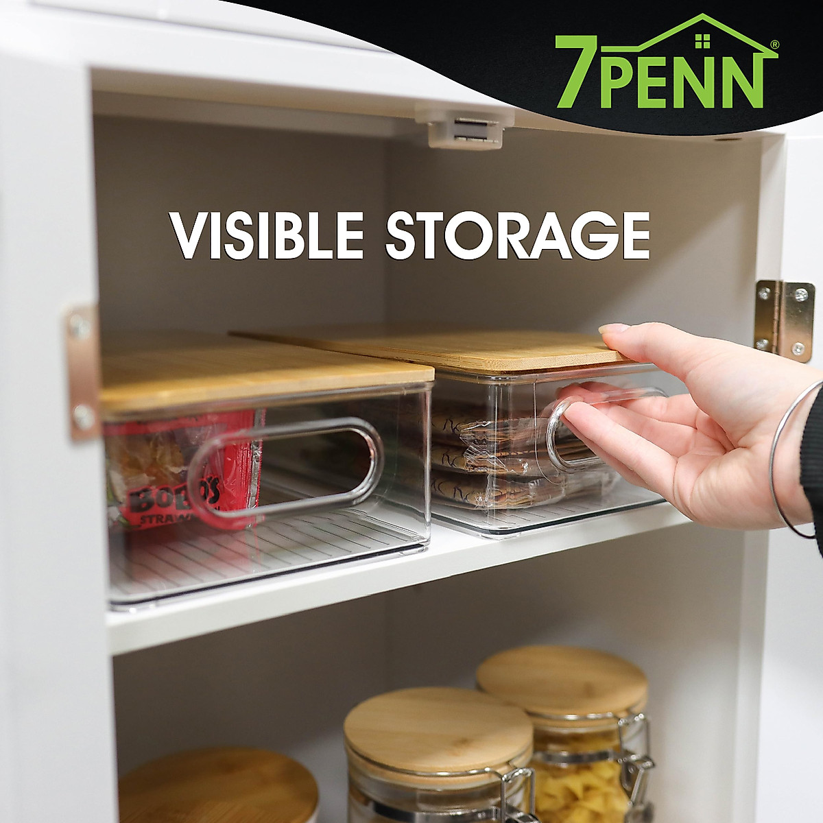 7Penn Stackable Storage Bins with Lids - 2 Pack Bamboo Lid Storage Containers for Home Organizing - Clear Acrylic Stacking Container for Pantry, Bathroom, Kitchen, Fridge, or Closet Organization