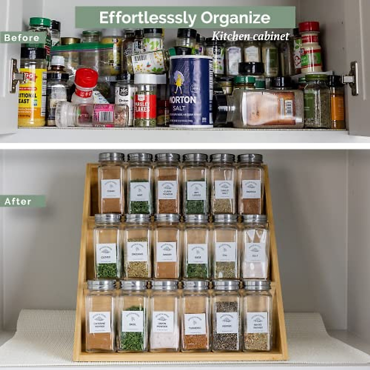 ECLECTICS KC Wooden Spice Rack Organizer for Kitchen Drawer, Cabinet, and Countertop - Organic Bamboo- 3 Tier Shelf -Includes 48 Stickers & Anti-Slip Pads