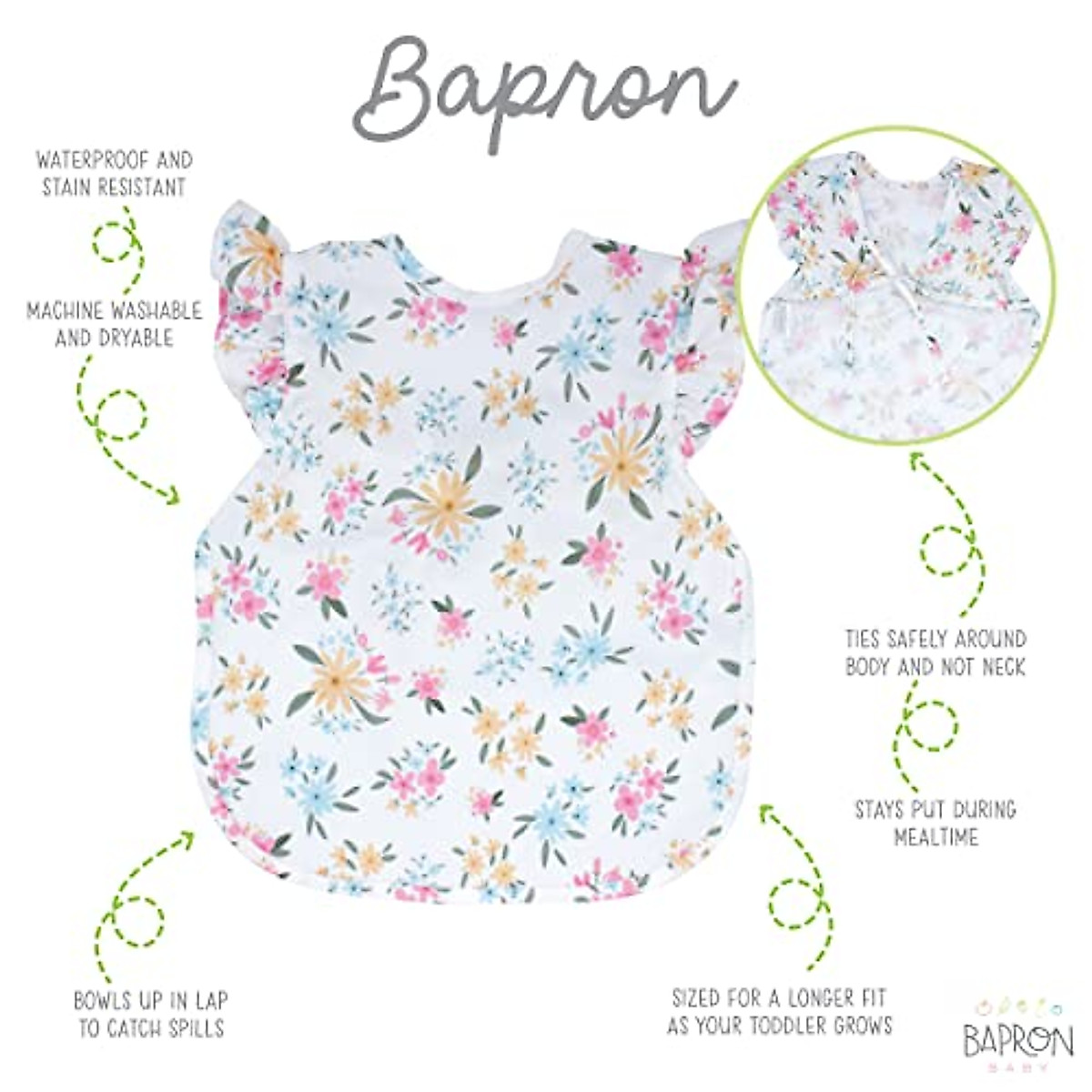 BapronBaby Flutter Pastel Floral Bapron - No Neck Tie Safer Bib for Baby & Toddler - Soft Waterproof Stain Resistant - Machine Washable - Sz Baby/Toddler 6m-3T