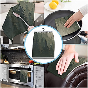 Misty Trees Green Forest Mountains Kitchen Towels Dish Cloth Towel Absorbent Hand Towel Cleaning Cloth,Spring Foggy Forest Abstract Gradient Art Dishcloth Quick Drying for Dishes Counter 4 Pack