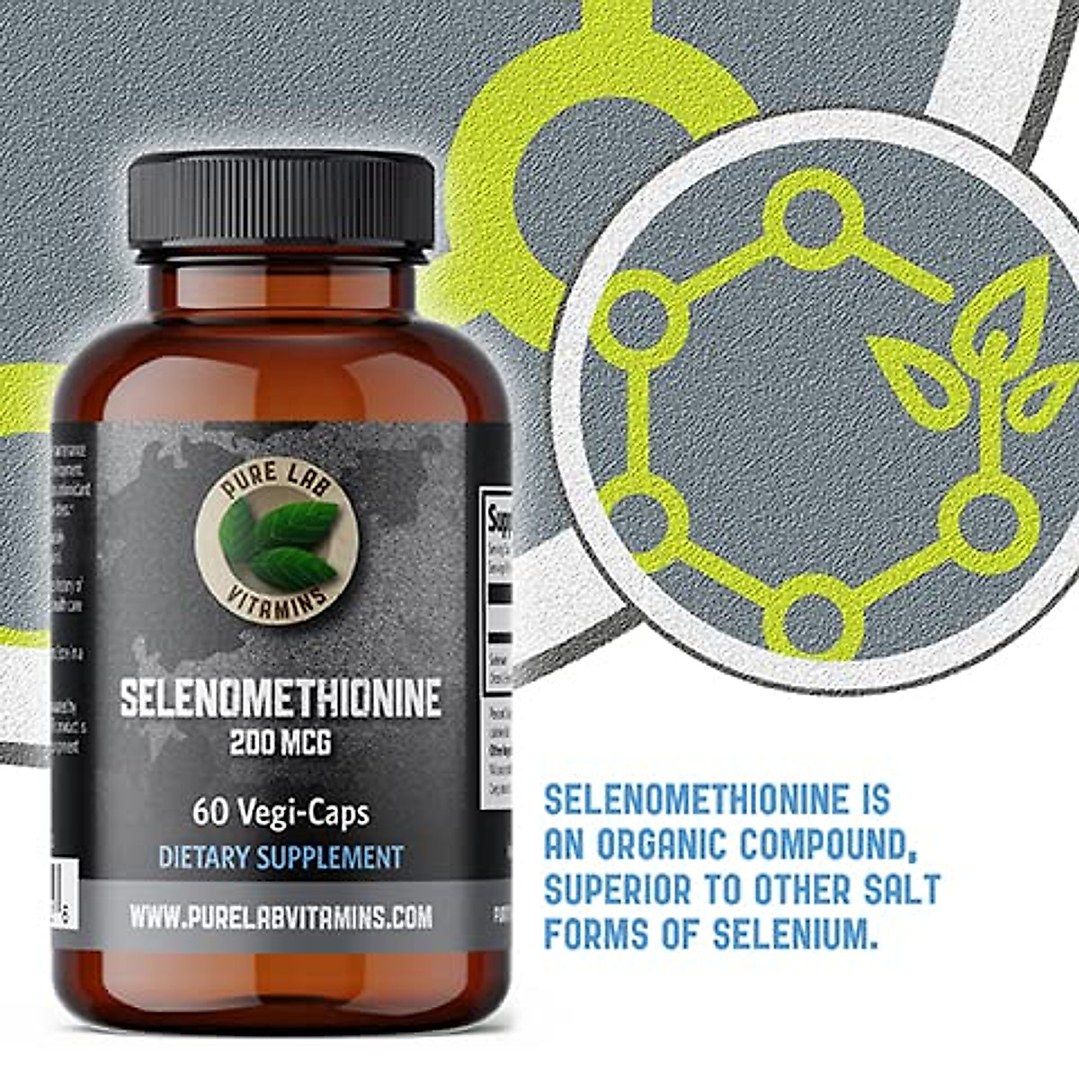 Selenium 200mcg Supplement - Selenomethionine - 60 v-caps by Pure Lab Vitamins - Gluten Free Made in Canada.