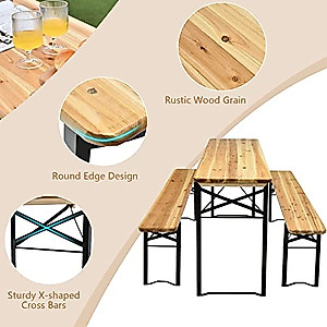 Goplus Foldable Picnic Table with Benches, 3-Piece 70” Portable Beer Garden Table with Sturdy Steel Frame, Folding Wooden Picnic Tables for Outdoors, Patio, Backyard