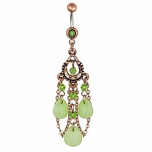 Pierced Owl 14GA 316L Surgical Steel Vintage Chandelier with Jade Colored Tear Drop Beads Chain Dangling Belly Button Ring (Antique Gold Tone)