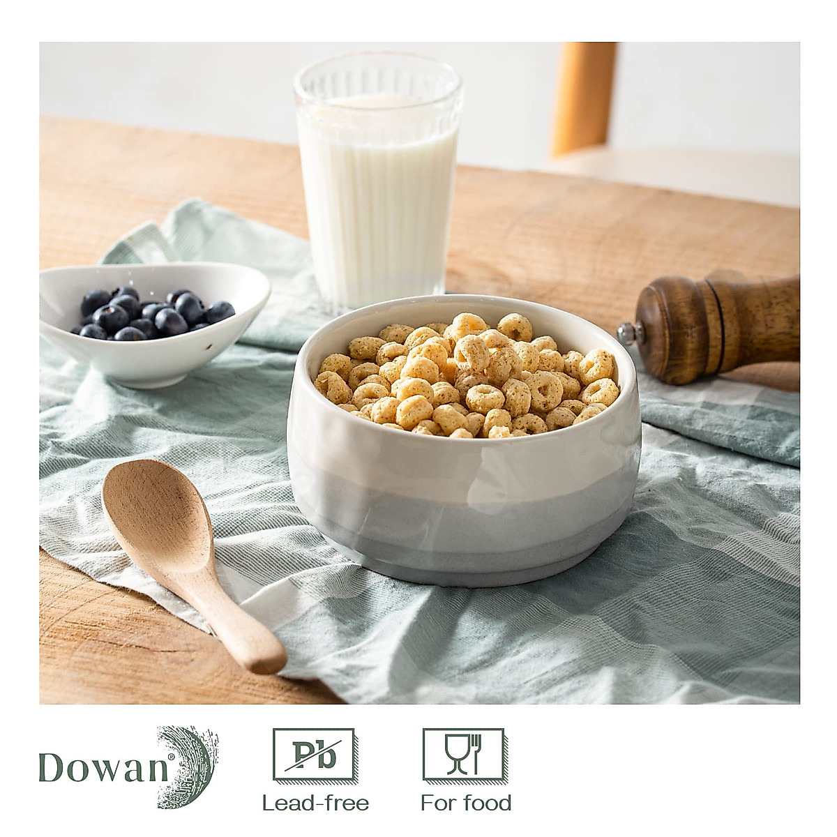 DOWAN Soup Bowls, Ceramic Cereal Bowls, 23 OZ Bowls for Fruit, Salad, Ramen, Ice Cream, Dessert, Side Dishes, Dishwasher & Microwave Safe, Chip Resistant, Set of 4, Light Blue & White