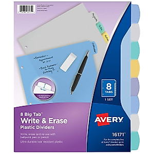 Avery 8-Tab Plastic Binder Dividers, Write & Erase Multicolor Big Tabs, 1 Set (16171),Translucent Multicolor
