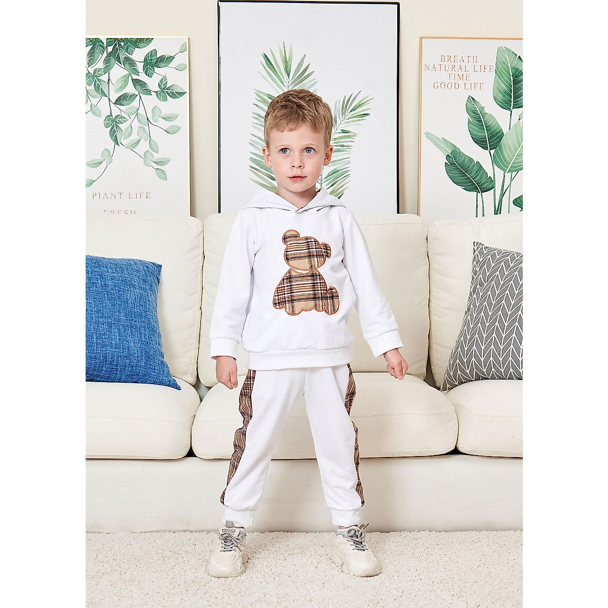 Yoxindax Toddler Baby Boy Clothes Outfits Plaid Bear Long Sleeve Hoodie Sweatshirt Patchwork Pants Fall Winter Clothes for Boys(4-5t)