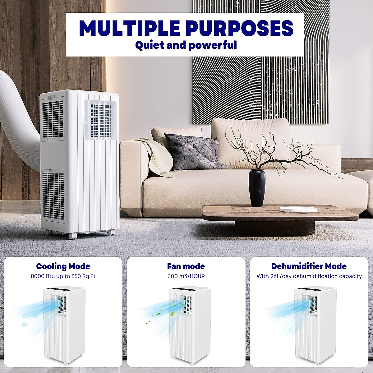 Acekool 8000BTU Portable Air Conditioner, Portable AC Unit with Remote Control, Energy-Efficient Cooling for 350 Sq.ft Spaces, 3-In-1 Cool, Fan, Dehumidify Modes, Portable AC for bedroom room indoor