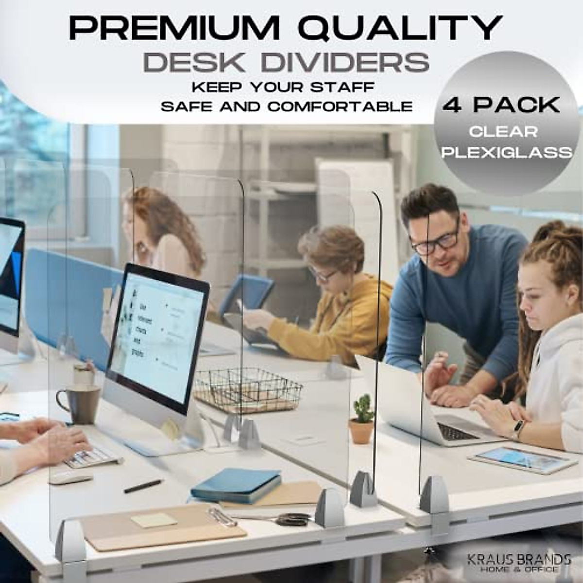 4 Pack - Desk Divider Office Partitions - Crystal Clear Acrylic Plexiglass. Adjustable Silver Clamps Included. Desk Divider for Schools or Offices. Clear Plexiglass Sneeze Guard, 22x22 inches.