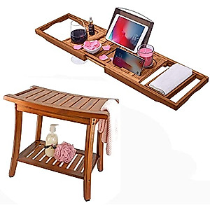 Utoplike Teak Shower Bench Seat with Handles and Teak Bathtub Caddy Tray Bath Tray for Tub Set