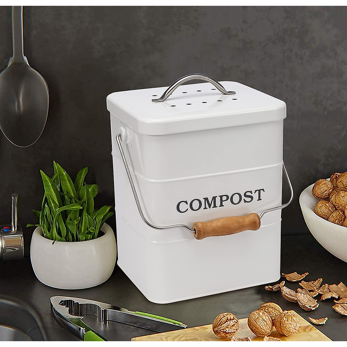 Compost Bin Kitchen Countertop Indoor Compost Pail Bucket, Great for Food Scraps, Carbon Steel, Handles, White, 1 Gallon - Includes Charcoal Filter