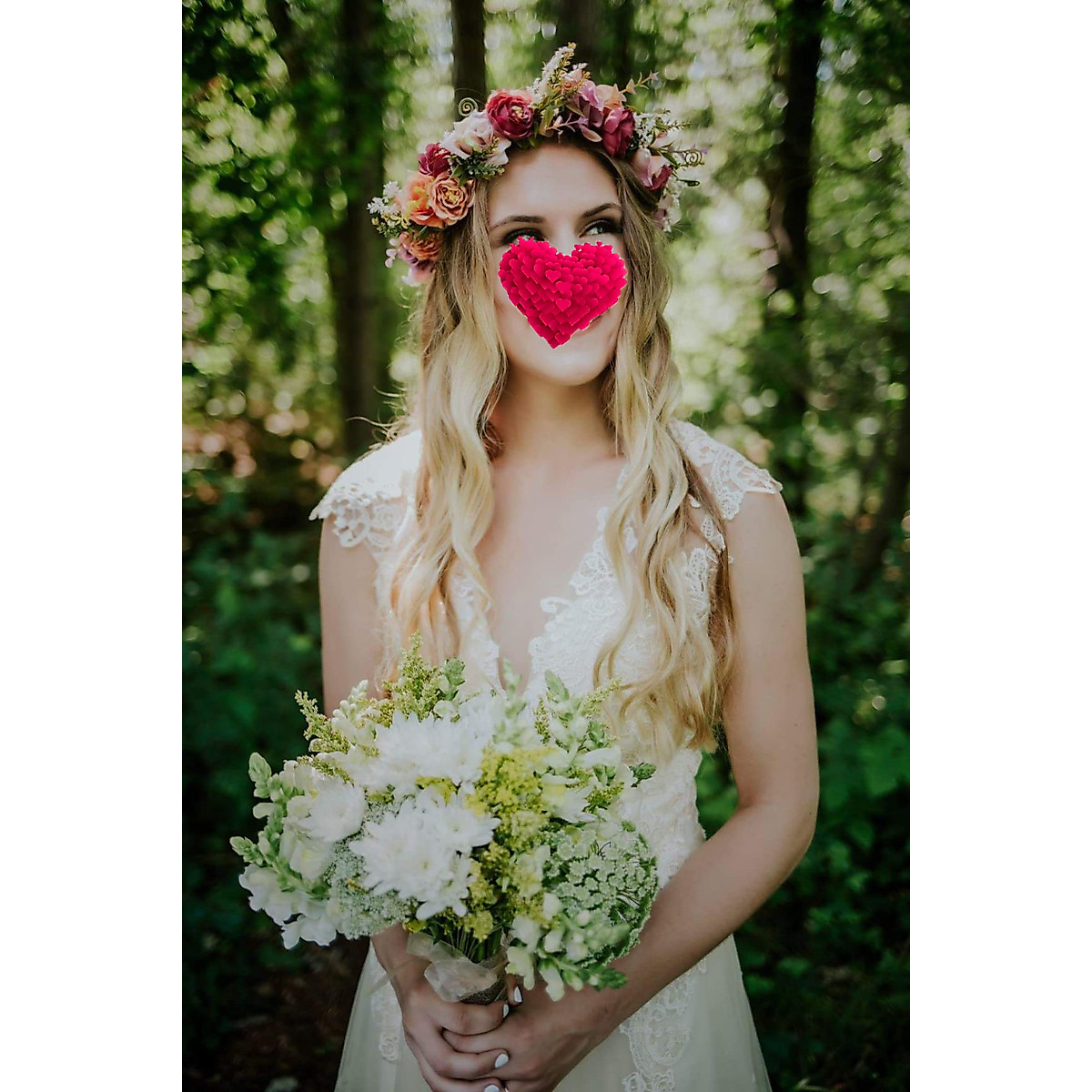 Vivivalue Rose Flower Crown Boho Flower Headband Hair Wreath Floral Headpiece Halo with Ribbon Wedding Party Festival Photos Pink