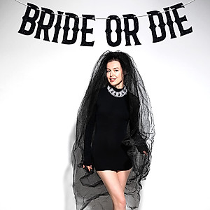 Bride or Die Banner, Spooky Bride, Halloween Bachelorette Wedding Bridal Shower Party Decorations Supplies, Black Glitter