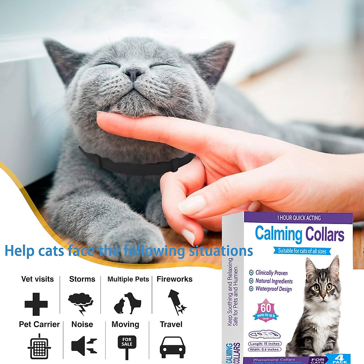 Calming Collar for Cats,Pheromone Collar for Cats, Cat Anxiety Relief for 60 Days,Adjustable, Water-Resistant & Breakaway Calming Collar Make Cat Relaxed 4 Pack