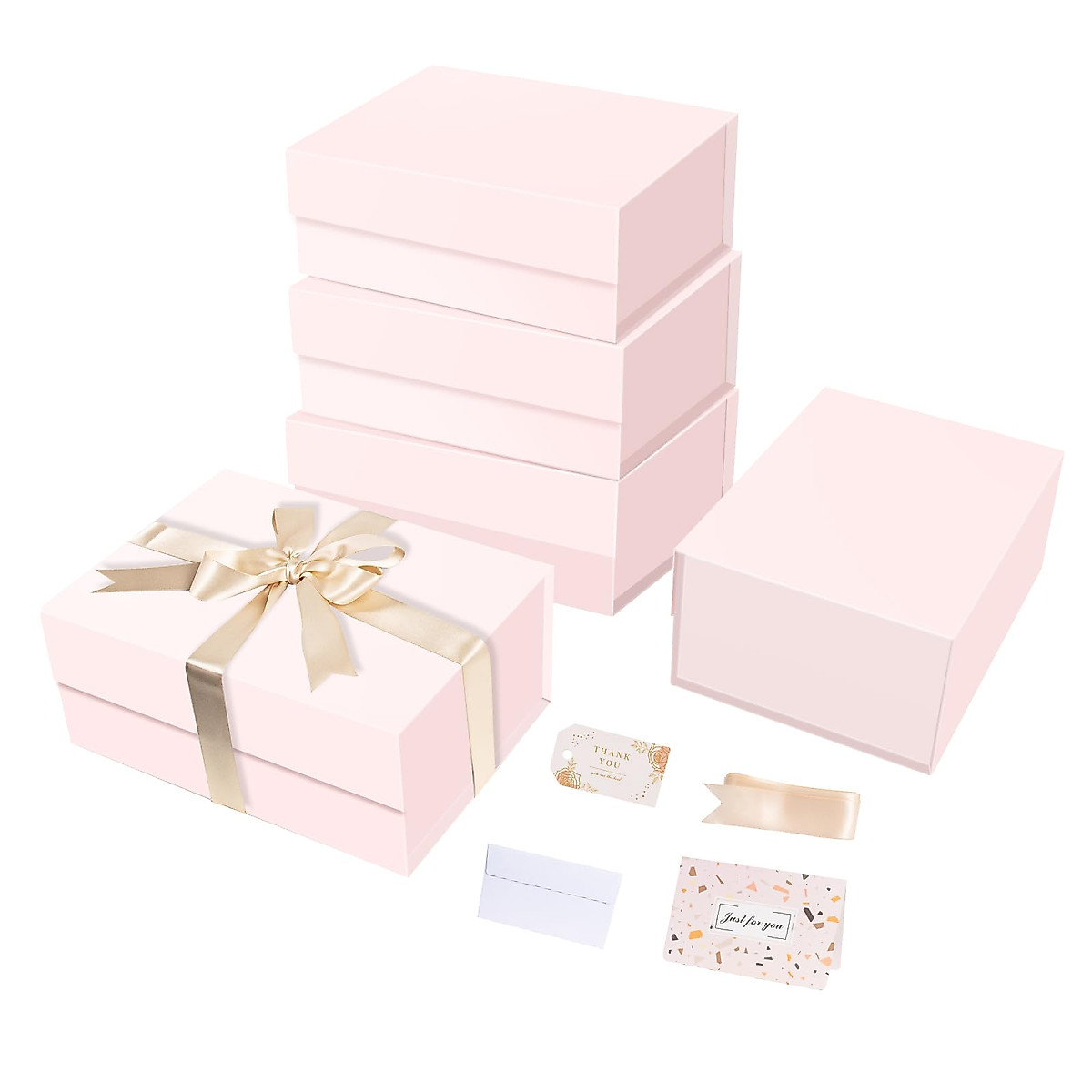 Pink Gift Boxes with Lids 5 Pack, 9x7x4 Inches Small Gift Box with Ribbon, Collapsible Gift Boxes with Magnetic Closure for Presents, Bridesmaid Proposal Box Contains Gift Card Ribbon Tag