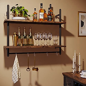 Bestier Pipe Shelf Industrial Floating Shelving 31" Kitchen Wall-Mounted Shelf with Towel Bar Hooks Coffee Bar Shelf Wine Hanging Display Rack Bookshelf Living Room Decor Bathroom-Rustic Brown