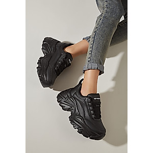 K KIP WOK Chunky Sneakers for Women Fashion Platform White Leather Casual Dad Shoes Comfortable Wedge Walking Sport Sneakers(Black,11B(M) US