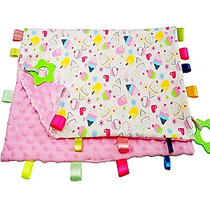 Pink Lovey Babies Tags Blanket Girl Newborn Soft Baby Security Blanket Taggy Sensory Blanket Large Size for Infant Toddler, 21 * 18 inch