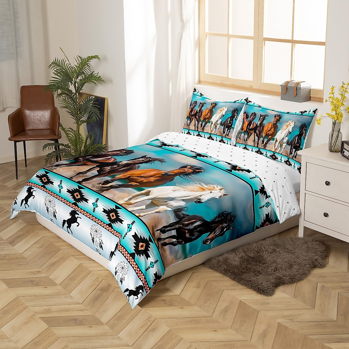 Aztec Duvet Cover African Tribal Horse Printed Bedding Set,Farm Animals Comforter Cover Ethnic Tribe Arrow Dream Catcher Queen Bed Set,Southwest Native Exotic Nordic Style Room Decor