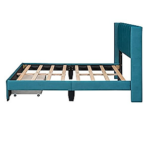 SOFTSEA Full Size Upholstered Bed Frame with Large Drawer Velvet Platform Bed Frame with High Headboard for Bedroom