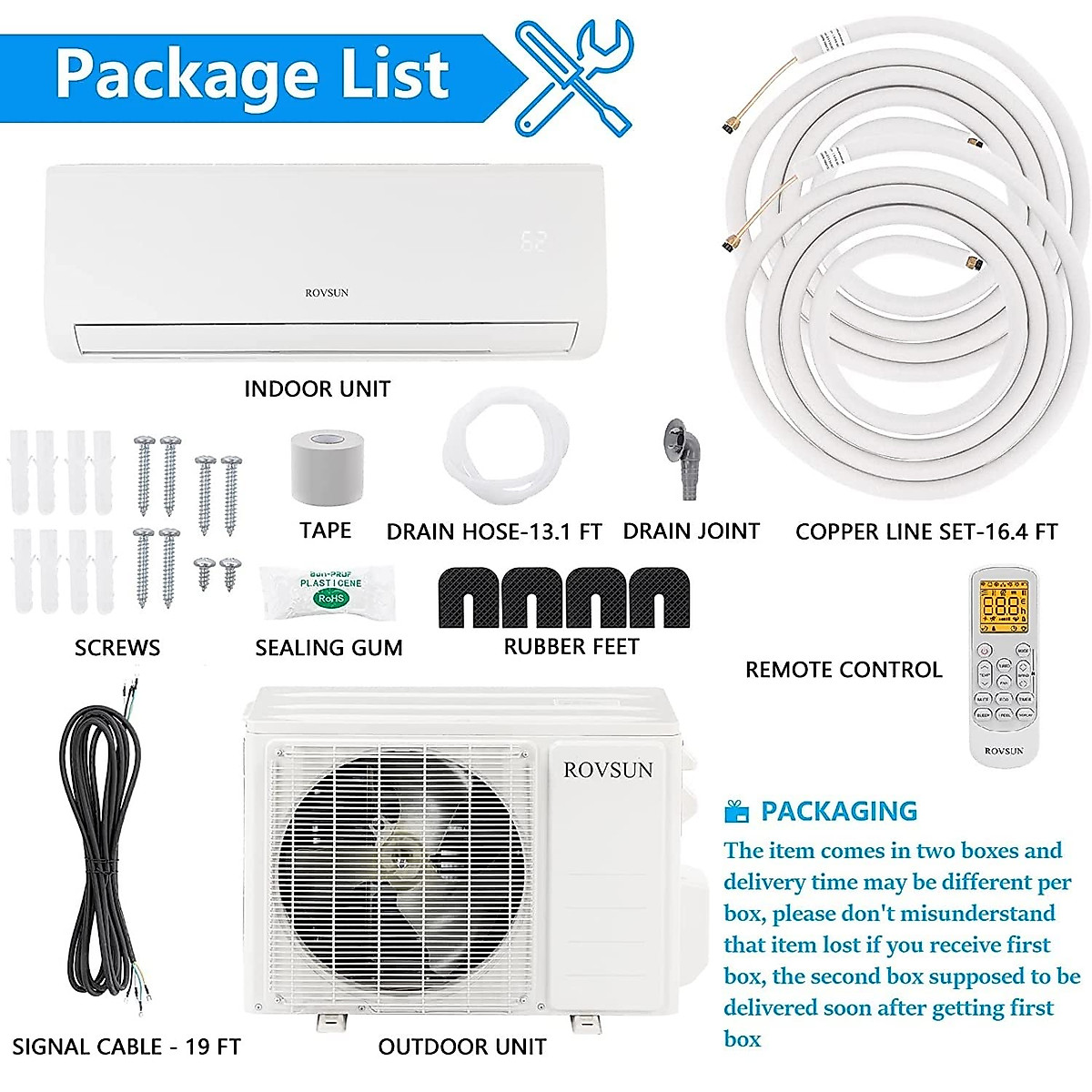 ROVSUN 18,000 BTU Ductless Mini Split AC/Heating System, 230V / 19 SEER Split-System Wall Air Conditioner Pre-Charged Inverter Heat Pump with 16ft Installation Kit (1 set)