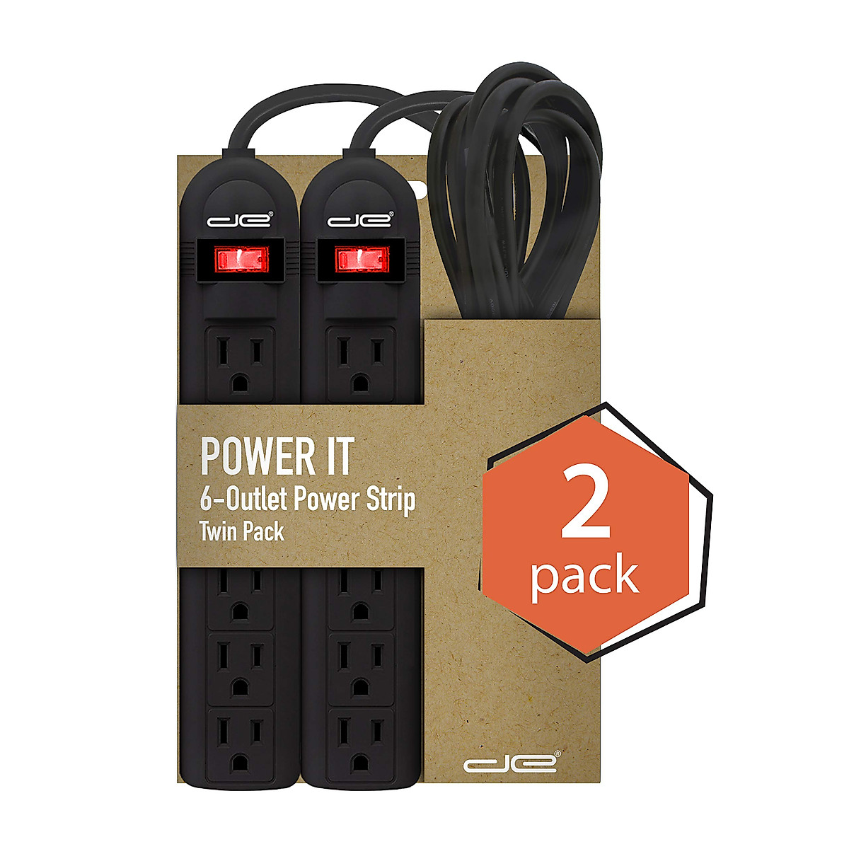 Digital Energy 2-Pack 6 Outlet Power Strip 450J Surge Protector with 3 Foot Extension Cord (Black)