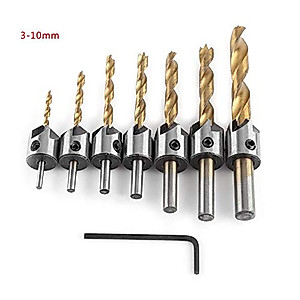 LiebeWH Countersink Drill Bit Steel Countersink Drill Bit for Wood High Speed Steel Round Shank with Hex Key(7pcs,3-10mm)