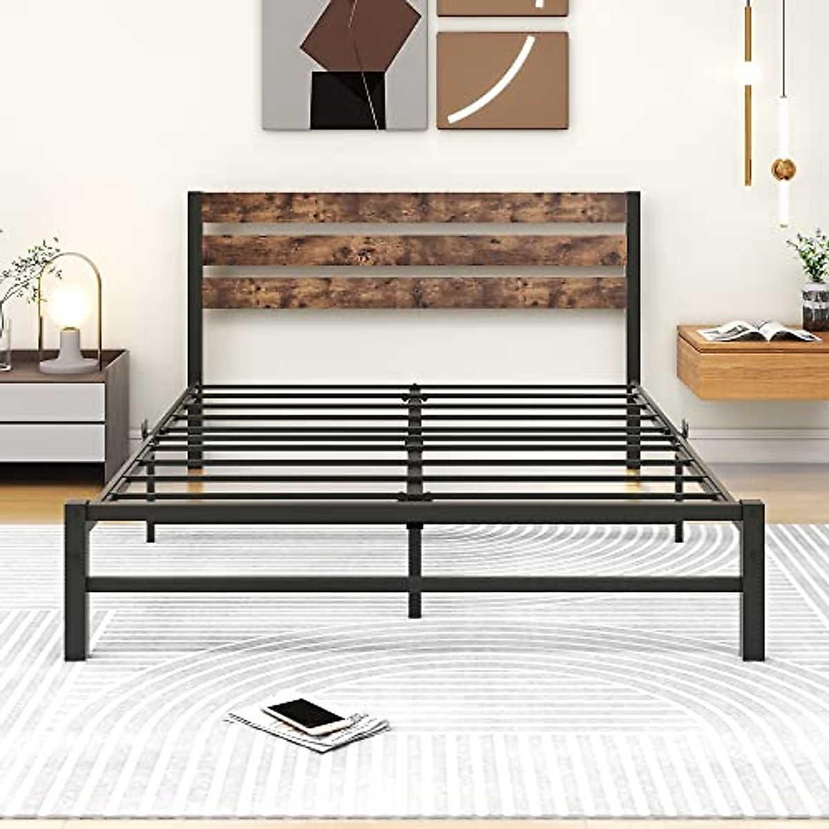 HAHRIR Platform Queen Bed Frame with Rustic Vintage Wood Headboard and Footboard, Mattress Foundation, Strong Metal Slats Support, Noise-Free，No Box Spring Needed，Brown+Black