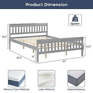 IULULU Queen Bed Frame, Solid Wood Platform Bed Frame with Headboard & Footboard, Queen Size Mattress Foundation with Wooden Slats Support, Easy Assembly, No Box Spring Needed, Light Grey