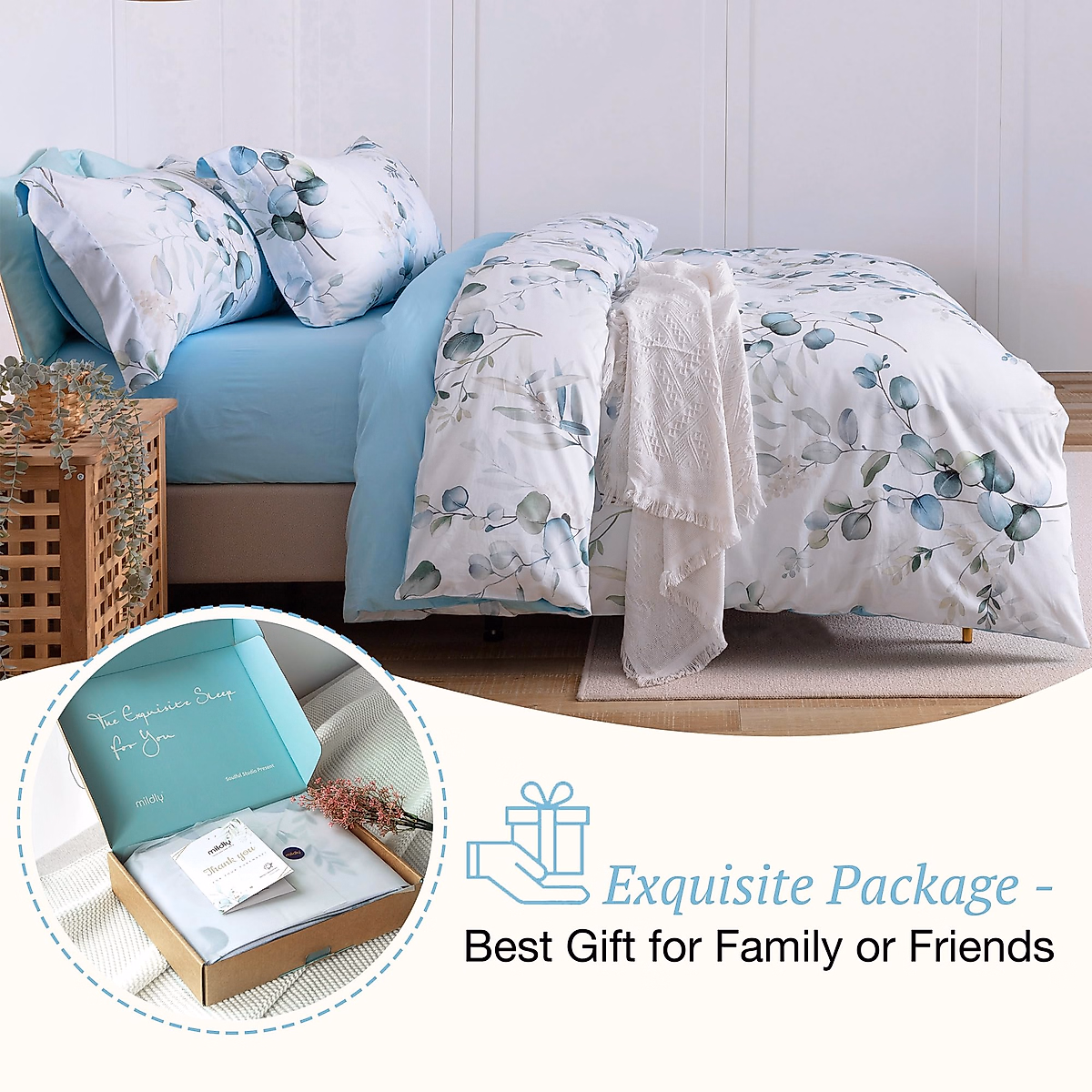 MILDLY 100% Long-Staple Cotton Duvet Cover Set Baby Blue Teal Gradient Leaf Pattern Printed Comforter Cover 3pcs, Ultra Soft & Breathable Bedding Set