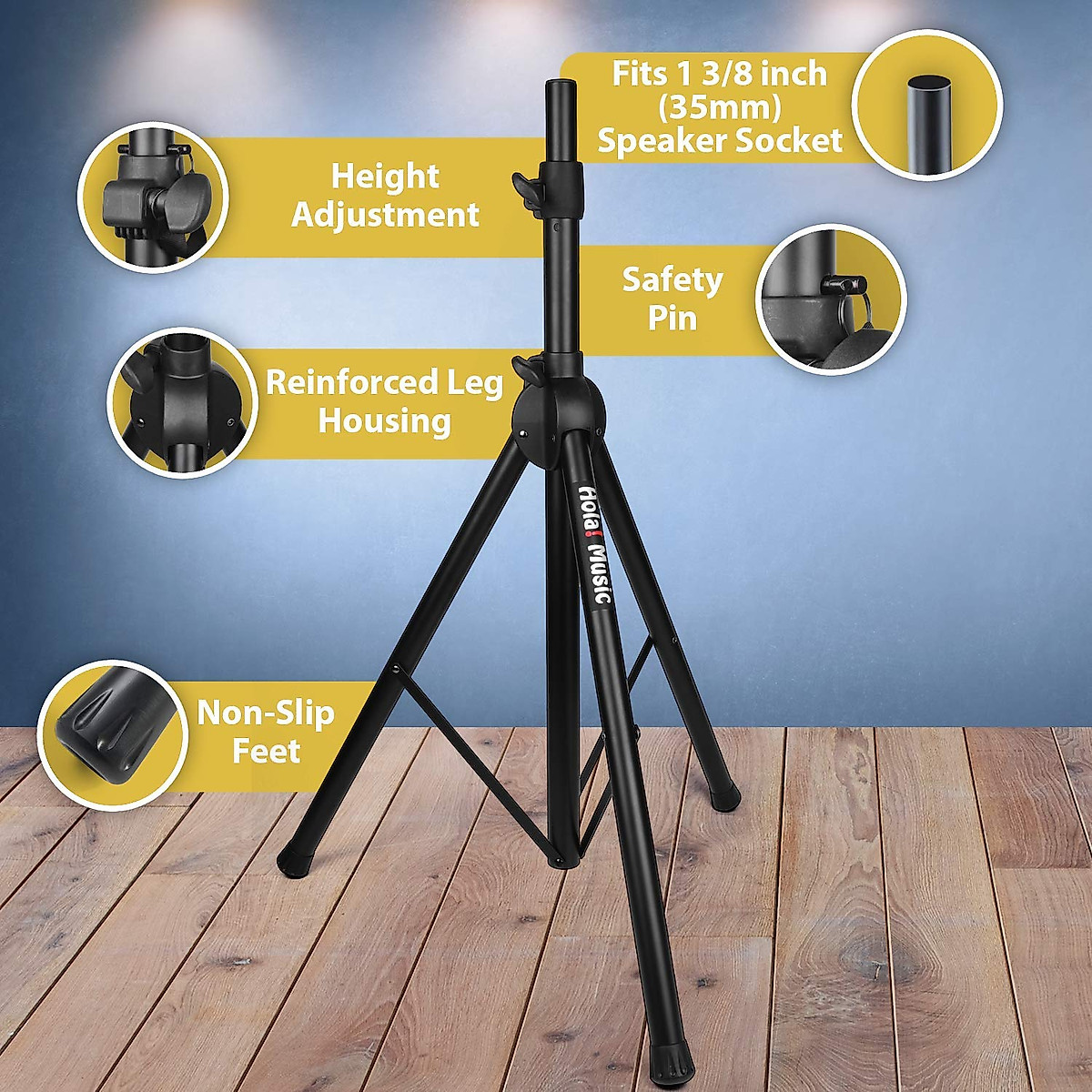 Pair of PA Speaker Stands by Hola! Music, Professional Heavy-Duty Tripod Structure, 4-6ft Adjustable Height, Model HPS-500PA